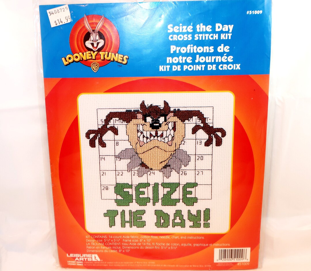 1998 LOONEY TUNES TAZ Seize the Day Counted Cross Stitch Embroidery Kit ...