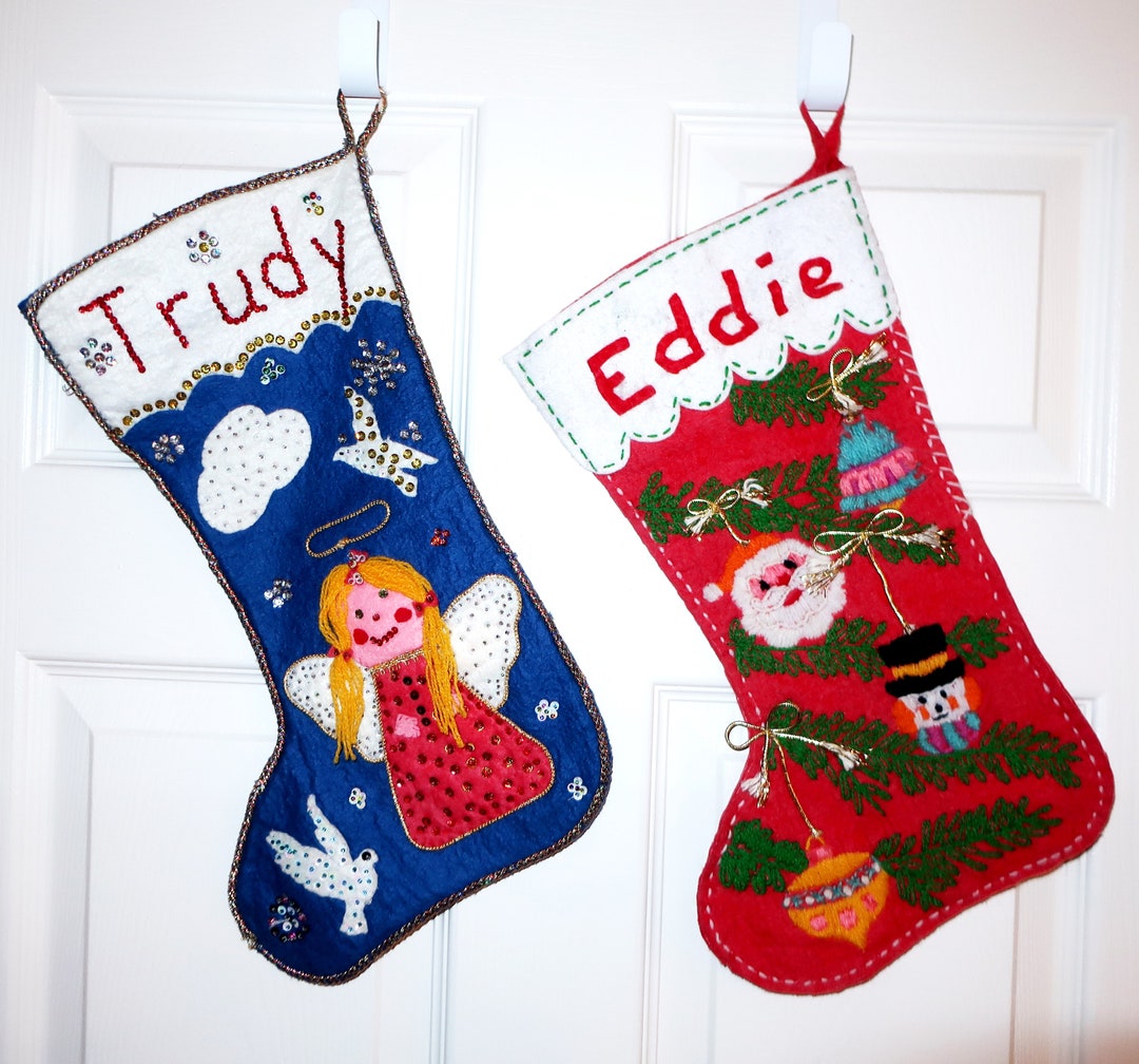COMPLETED FELT STOCKINGS Choose Applique Jeweled Angel or Crewel ...