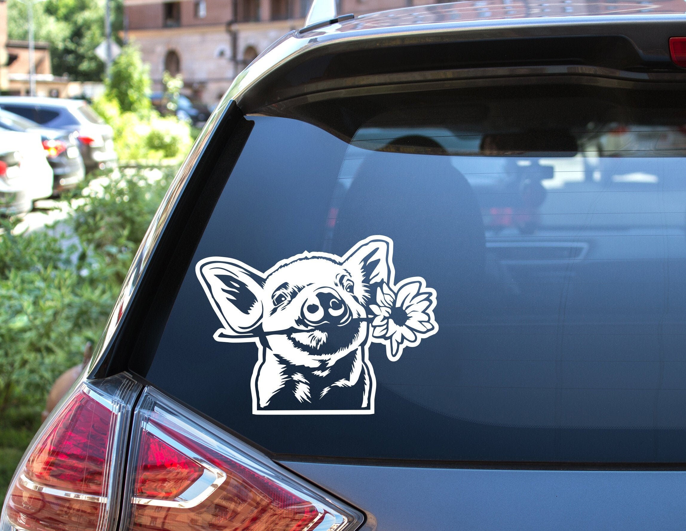 Cute Pig Holding Flower Piggy Vinyl Car Decal Window - Etsy