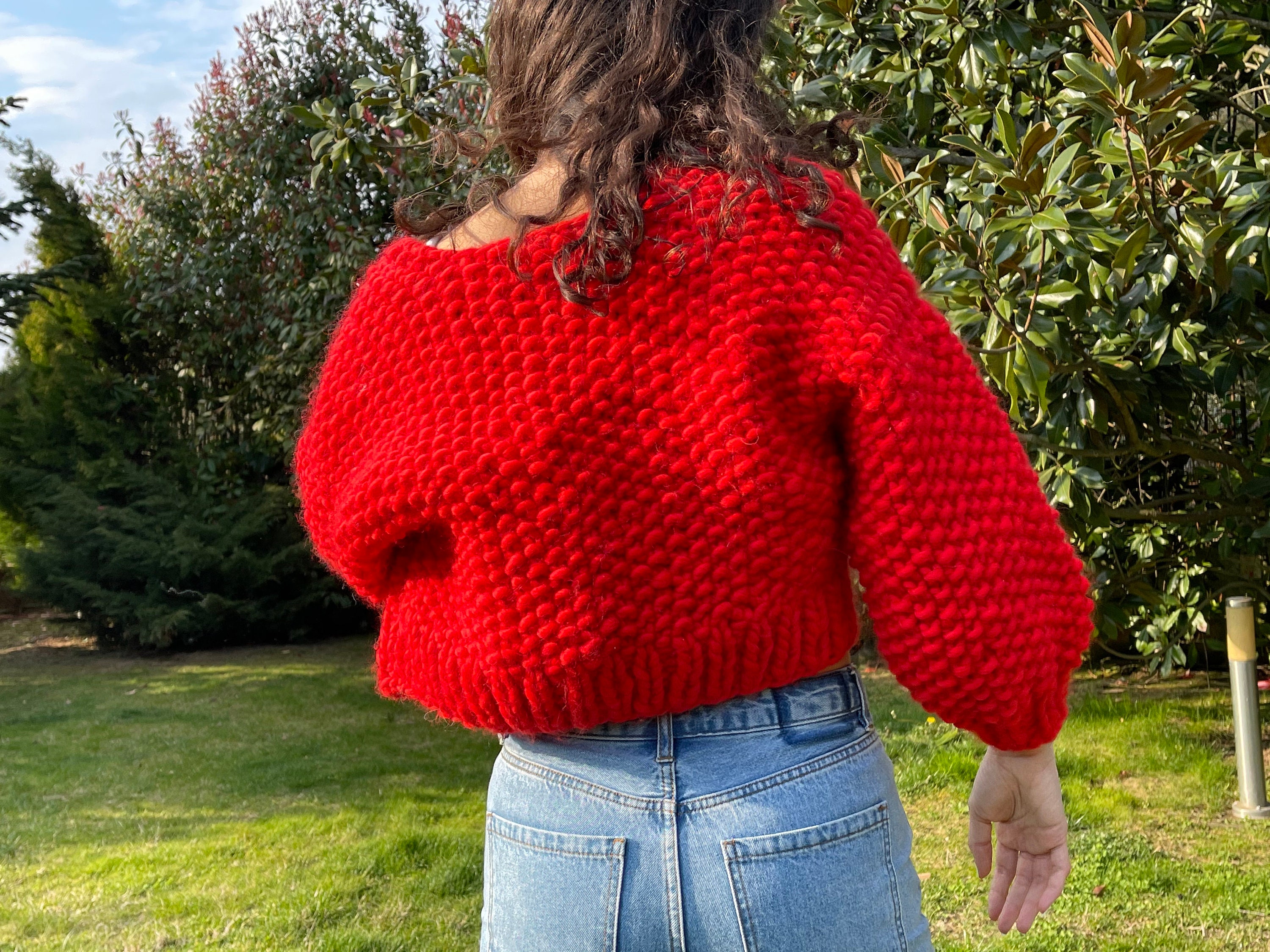 Chunky Knit Cropped Cardigan 100% Wool in Bright Red - Etsy