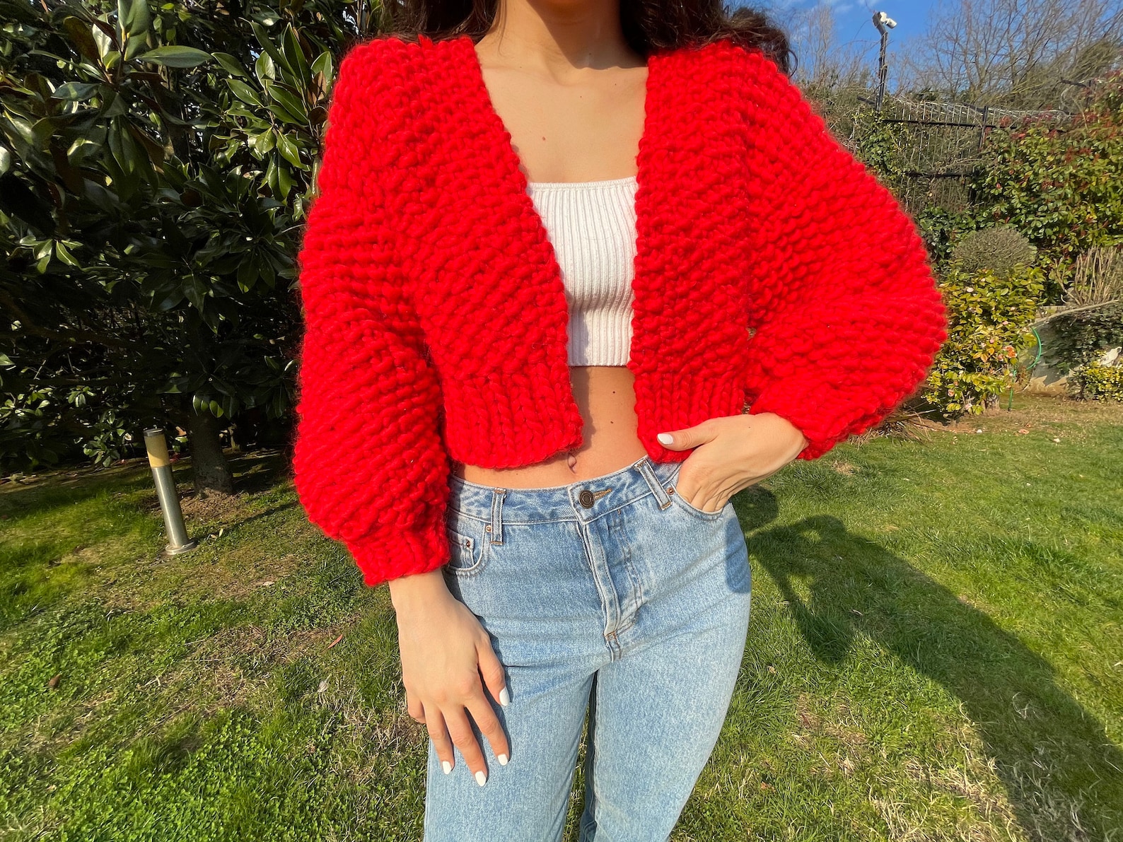 Chunky Knit Cropped Cardigan 100% Wool in Bright Red - Etsy