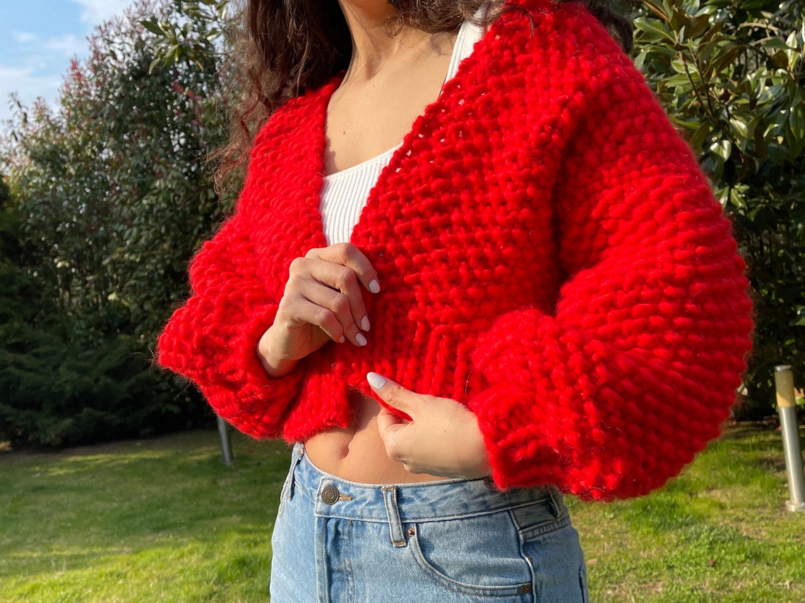 Chunky Knit Cropped Cardigan 100% Wool in Bright Red - Etsy