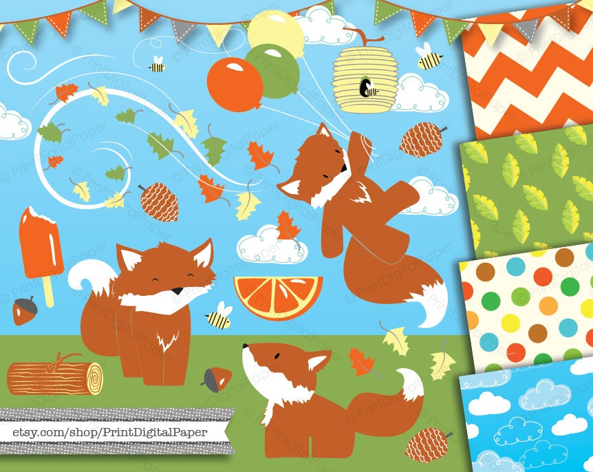 Digital Clipart Graphics Fox Clip Art Balloons Woodland Patterns Leaf ...