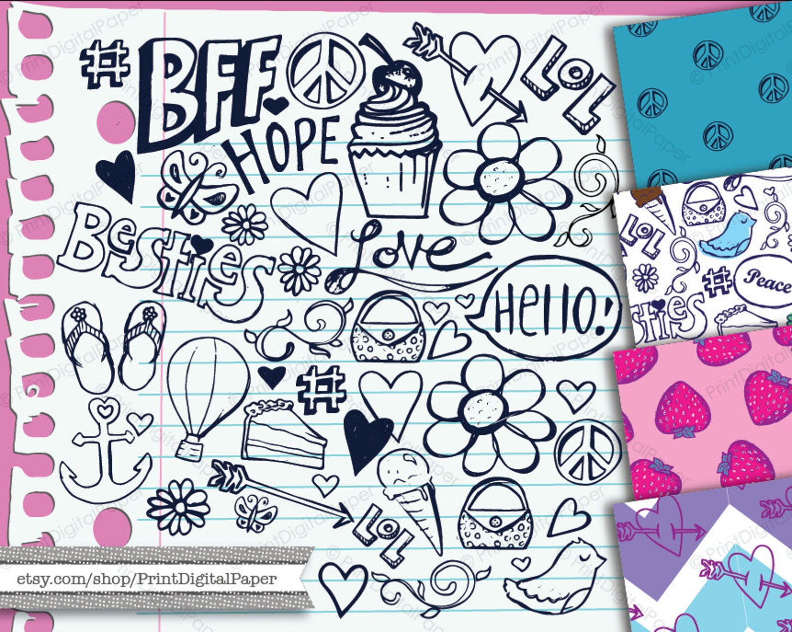 Notebook Doodles Digital Clip Art Instant Download Clipart Tween Teen ...
