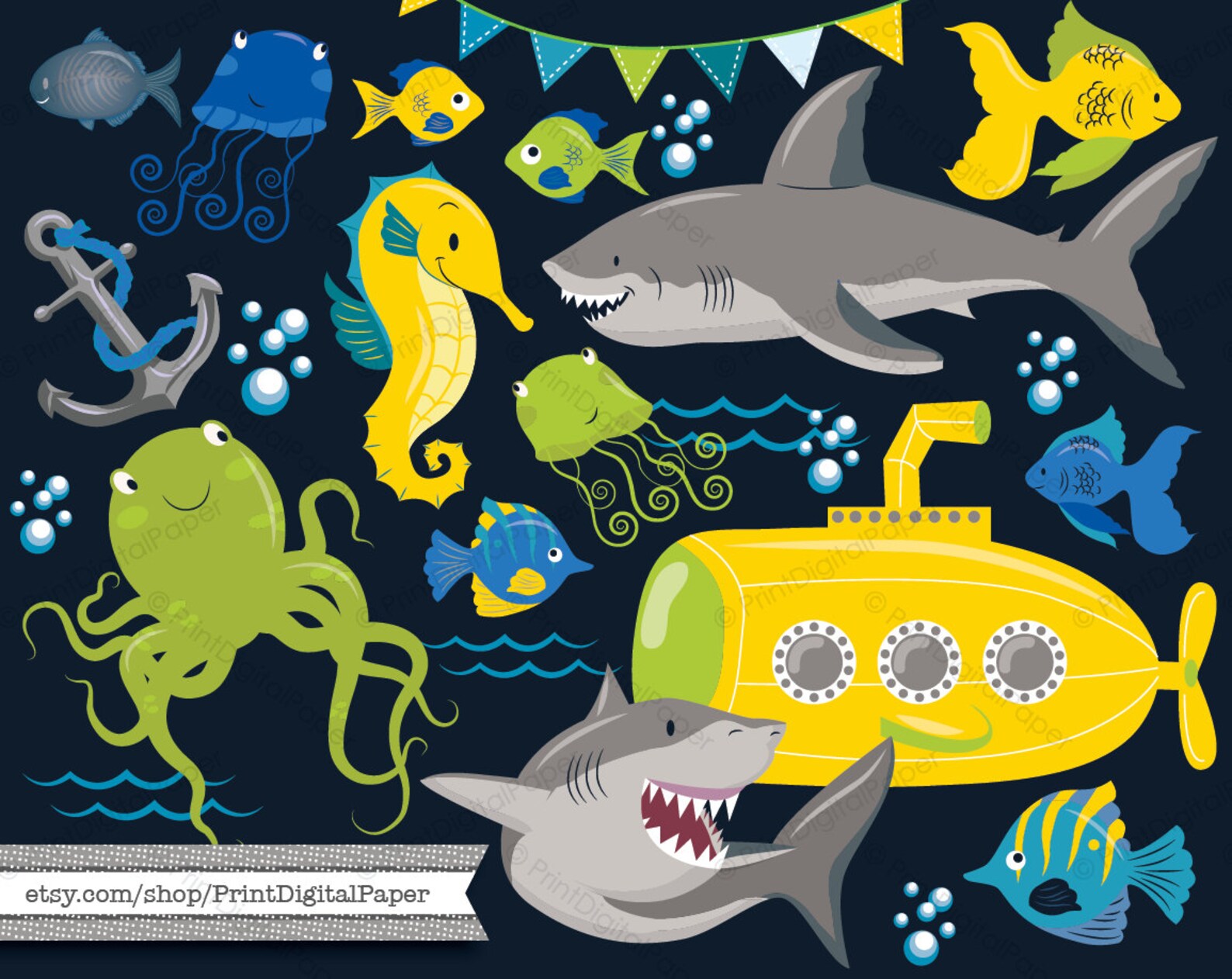 Submarine Clip Art Commercial Download Clipart Shark Ocean Fish Octopus ...