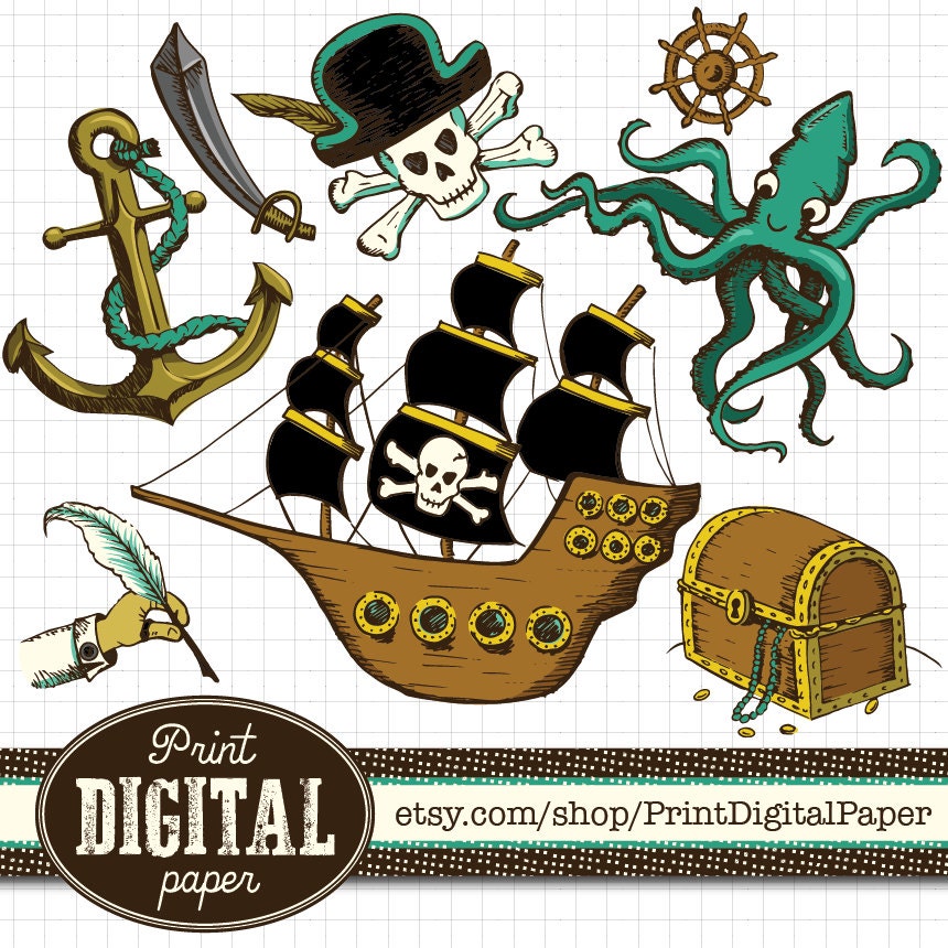 Printable Vector Clip Art Pirate Ship Instant Digital Download Vintage ...