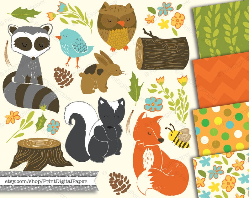 Instant Download Digital Clip Art Woodland Creatures Woods Fox Racoon ...