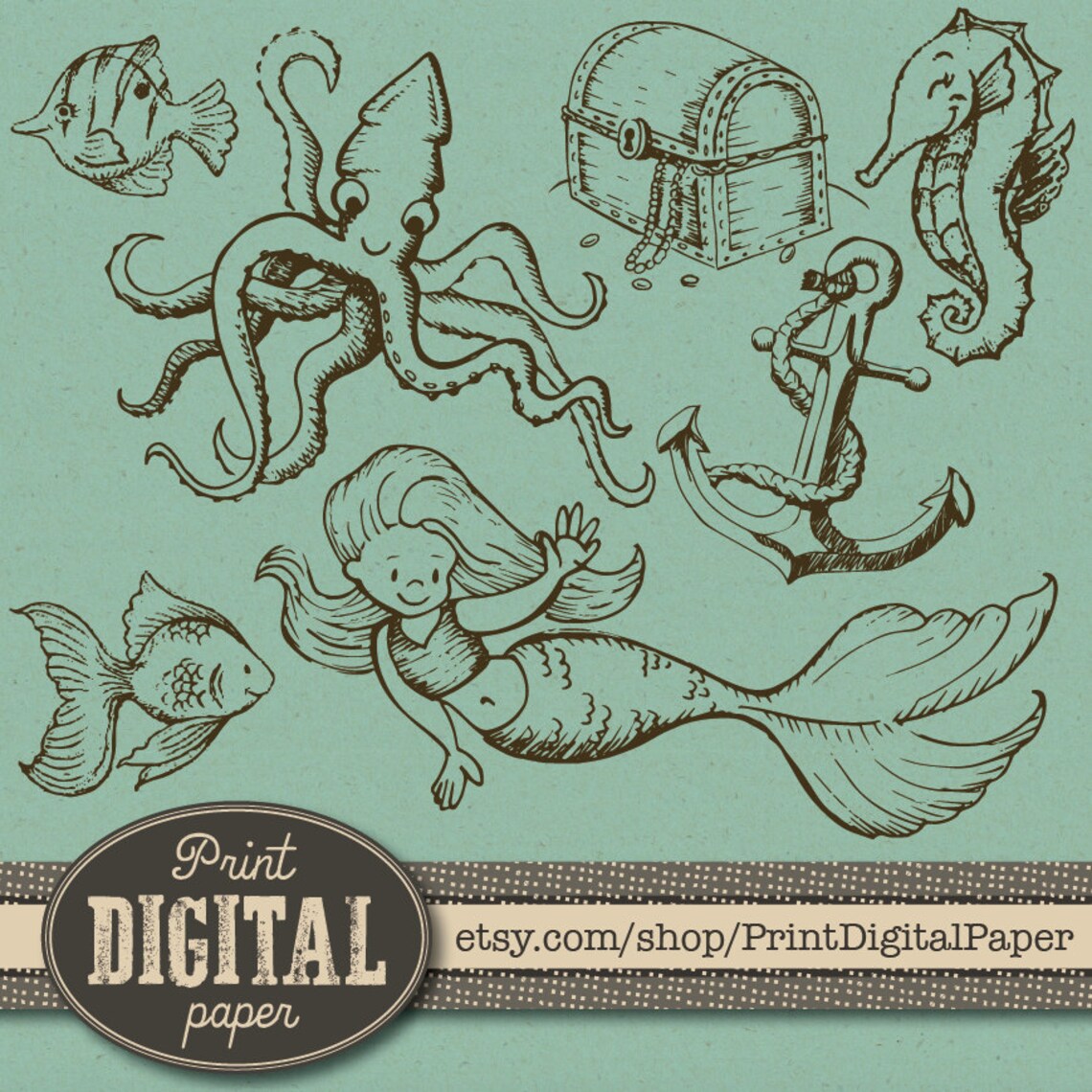 Instant Download Digital Clip Art Mermaid Fish Ocean Under the Sea ...
