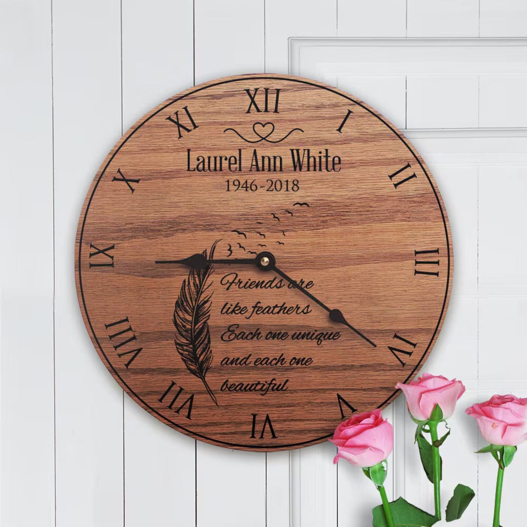 Memorial Feather Engraved Wood Clock - Custom Names Sympathy Gift - Etsy