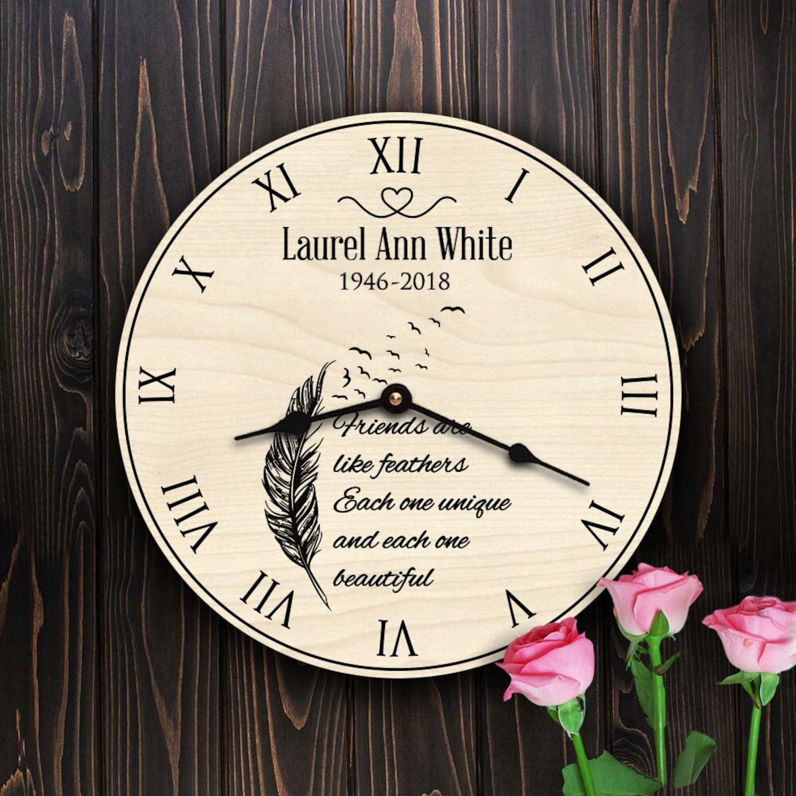 Memorial Feather Engraved Wood Clock - Custom Names Sympathy Gift - Etsy