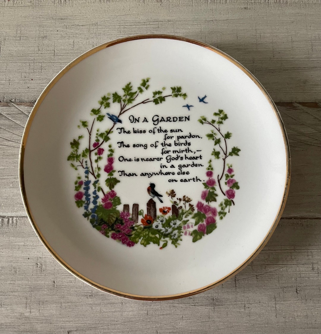Vintage Garden Poem Porcelain Plate With Bird and Flowers Vintage Decor ...
