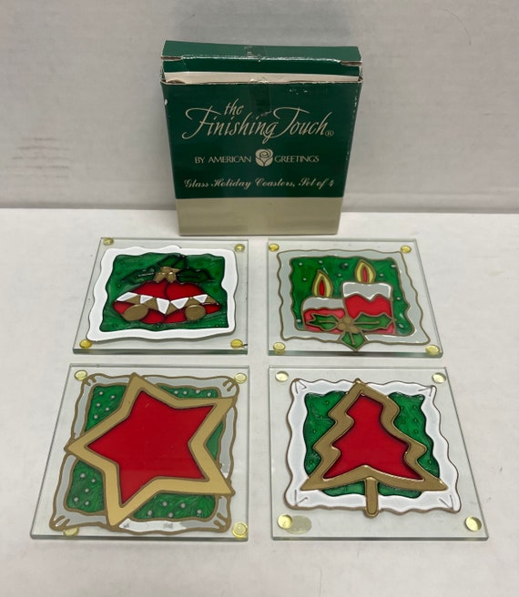 Vintage Christmas Coasters Set of Four Christmas Coasters Vintage Christmas Decor Reverse Painted Glass Coasters American Greetings Etsy