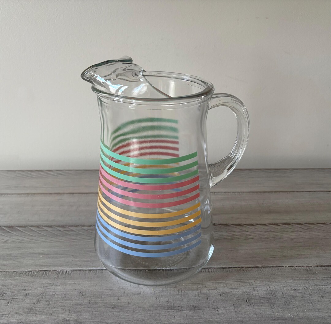 Vintage Clear Glass Pitcher: Colorful Stripe Retro Kitchen Decor - Etsy