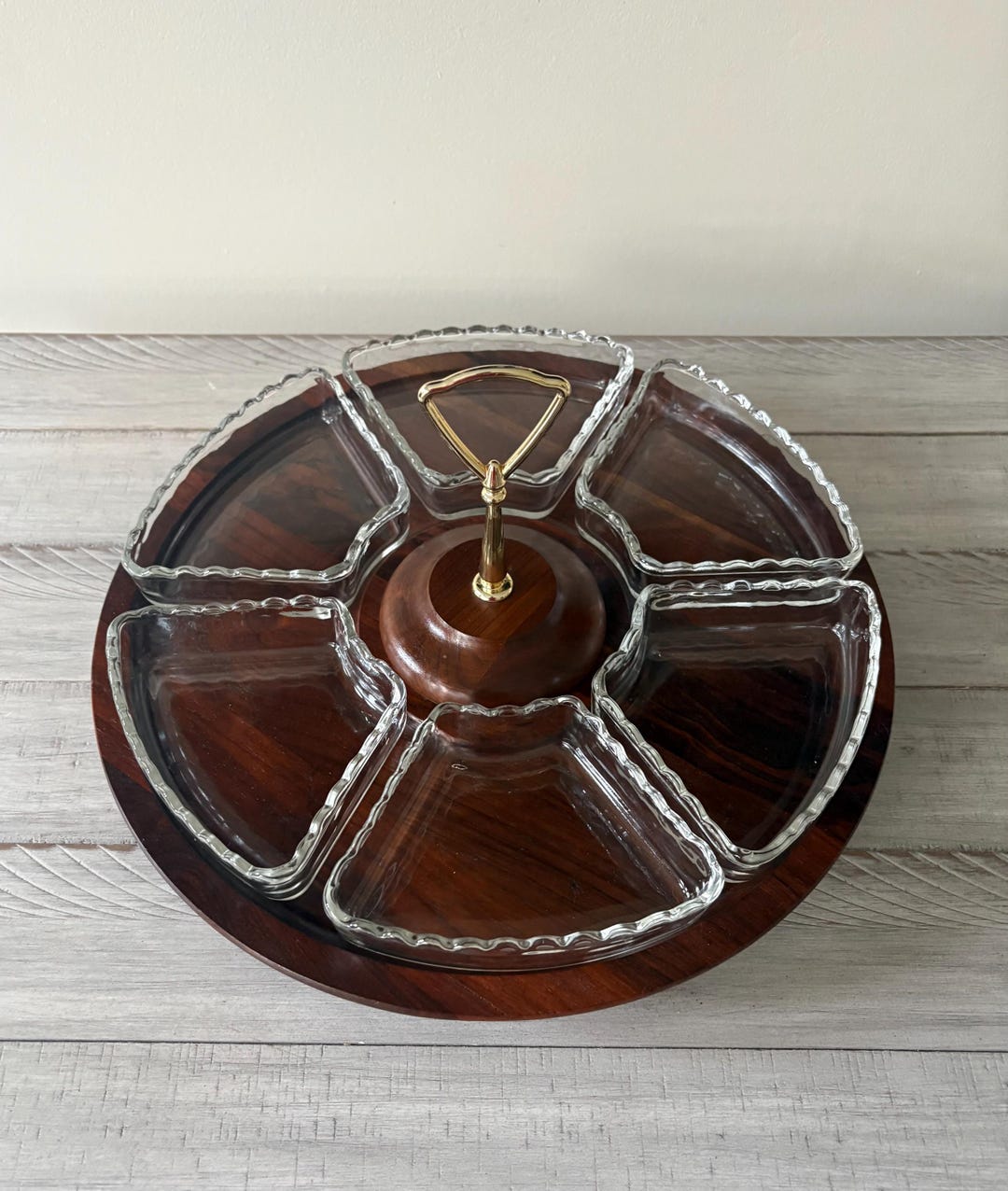 Vintage Lazy Susan Relish Tray Wooden Lazy Susan With Glass Trays ...