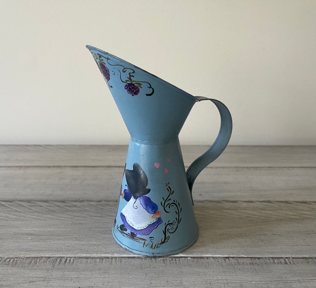 Vintage Metal Water Pitcher Hand Painted Dutch Girl and Boy Tin Pitcher ...
