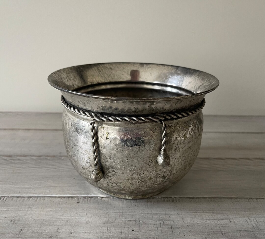 Vintage Planter Hammered Silver Metal Planter With Tassels Mid Century ...
