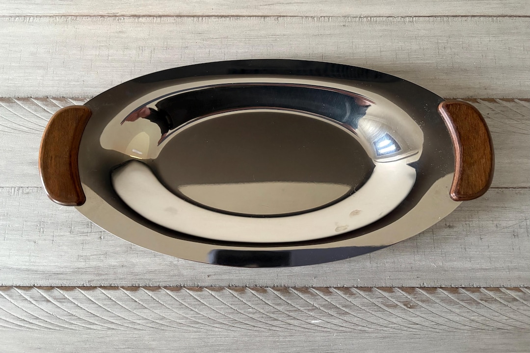 Vintage Oneida Serving Tray Hand Stainless Steel With Wooden Handles ...