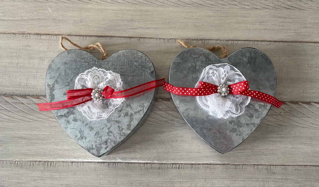 Vintage Galvanized Metal Heart Set, Lace & Ribbon Valentine's Decor ...