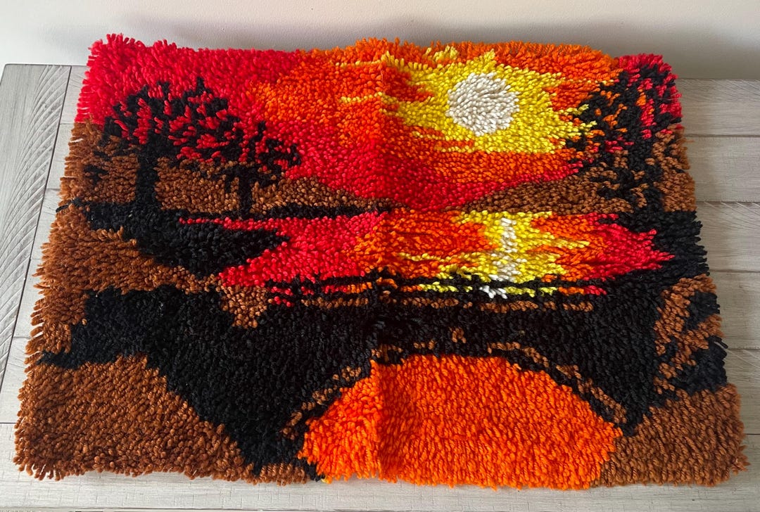 Vintage Latch Hook Rug or Wall Decor Vintage Sunset and Bridge Art ...