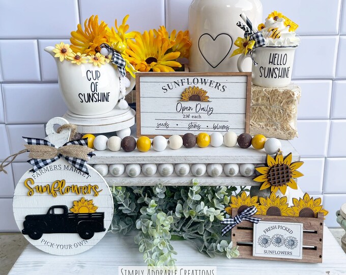 Sunflower Tiered Tray Decor Set, Summer Farmhouse Decor, Tiered Tray ...
