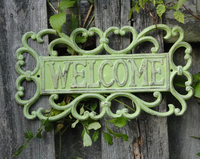 Cast Iron Welcome Sign, Vintage Metal in a Distressed Green Finish - Etsy