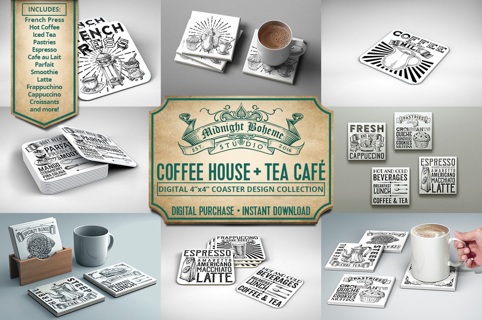 The Café Style Coffee and Tea Coaster Collection for Printing 4x4 ...