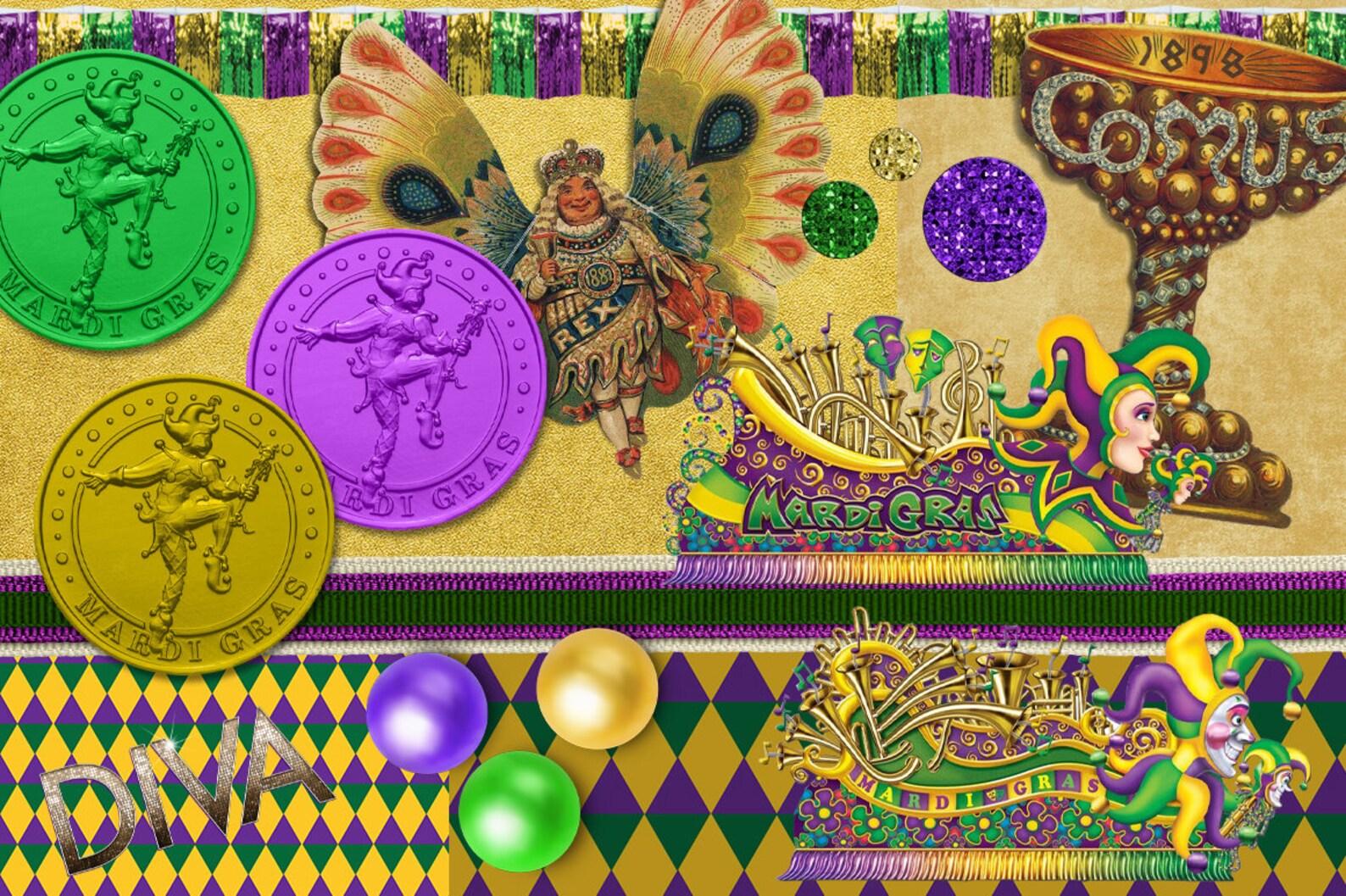 Mardi Gras Carnival Ultimate New Orleans Scrapbook Kit Graphics Texture ...