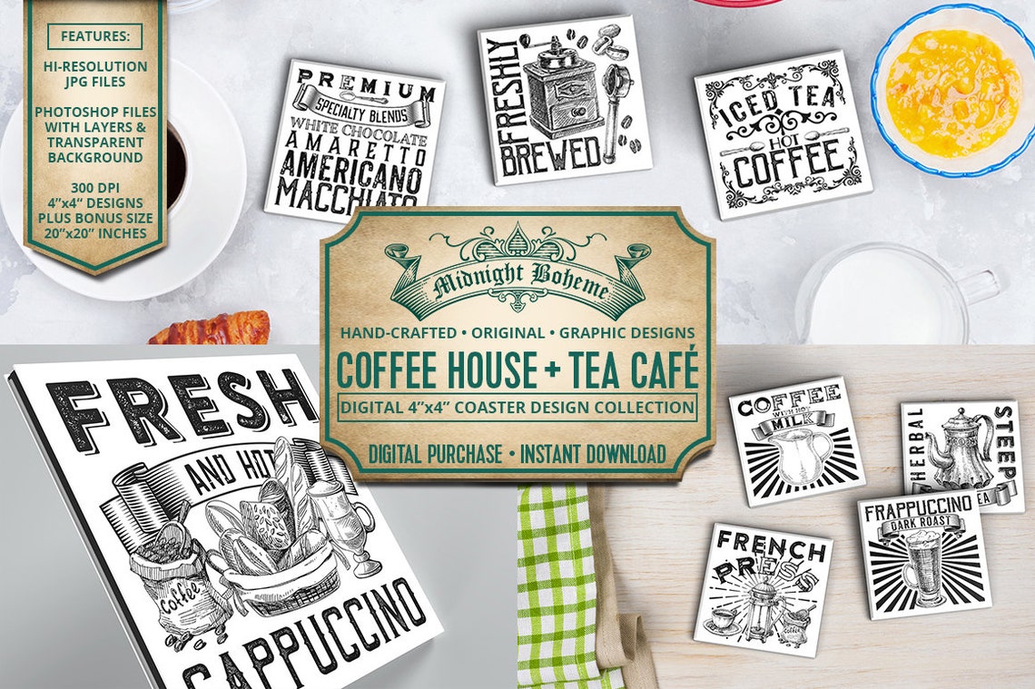 The Café Style Coffee and Tea Coaster Collection for Printing 4x4 ...