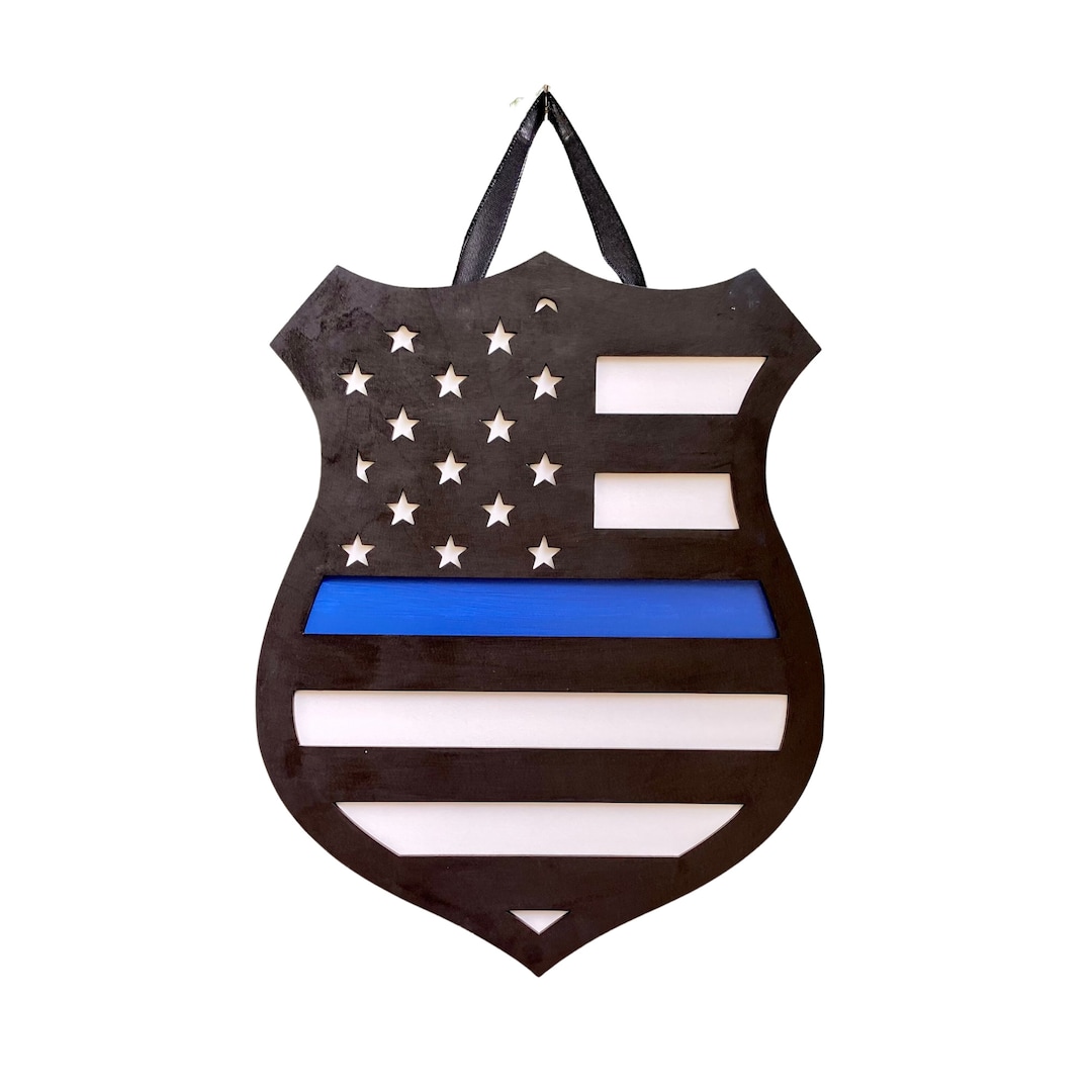 Thin Blue Line Police Badge Door Hanger – Wood American Flag Shield ...
