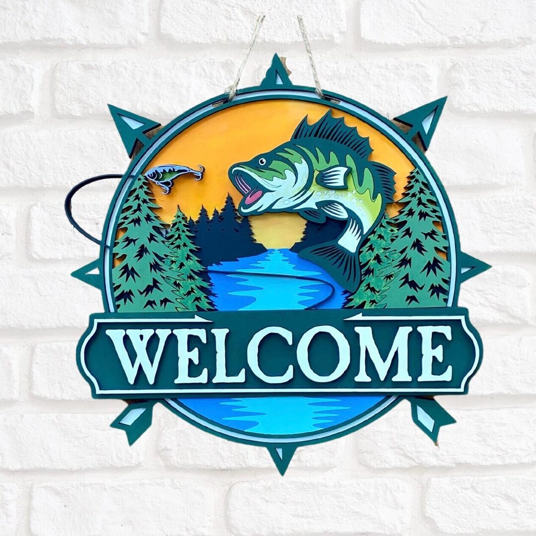 Fishing Welcome Sign – Rustic Bass Door Hanger for Cabin, Lake House or ...