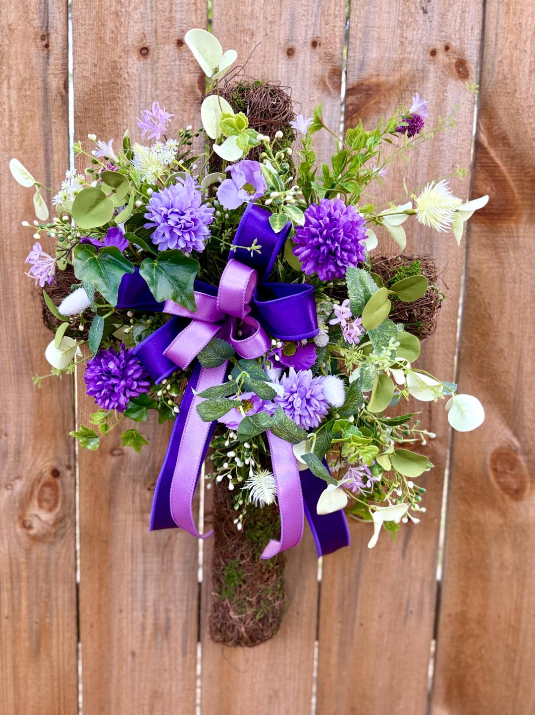 Purple Floral Cross Wreath – Rustic Moss Cross With Ribbon & Spring ...