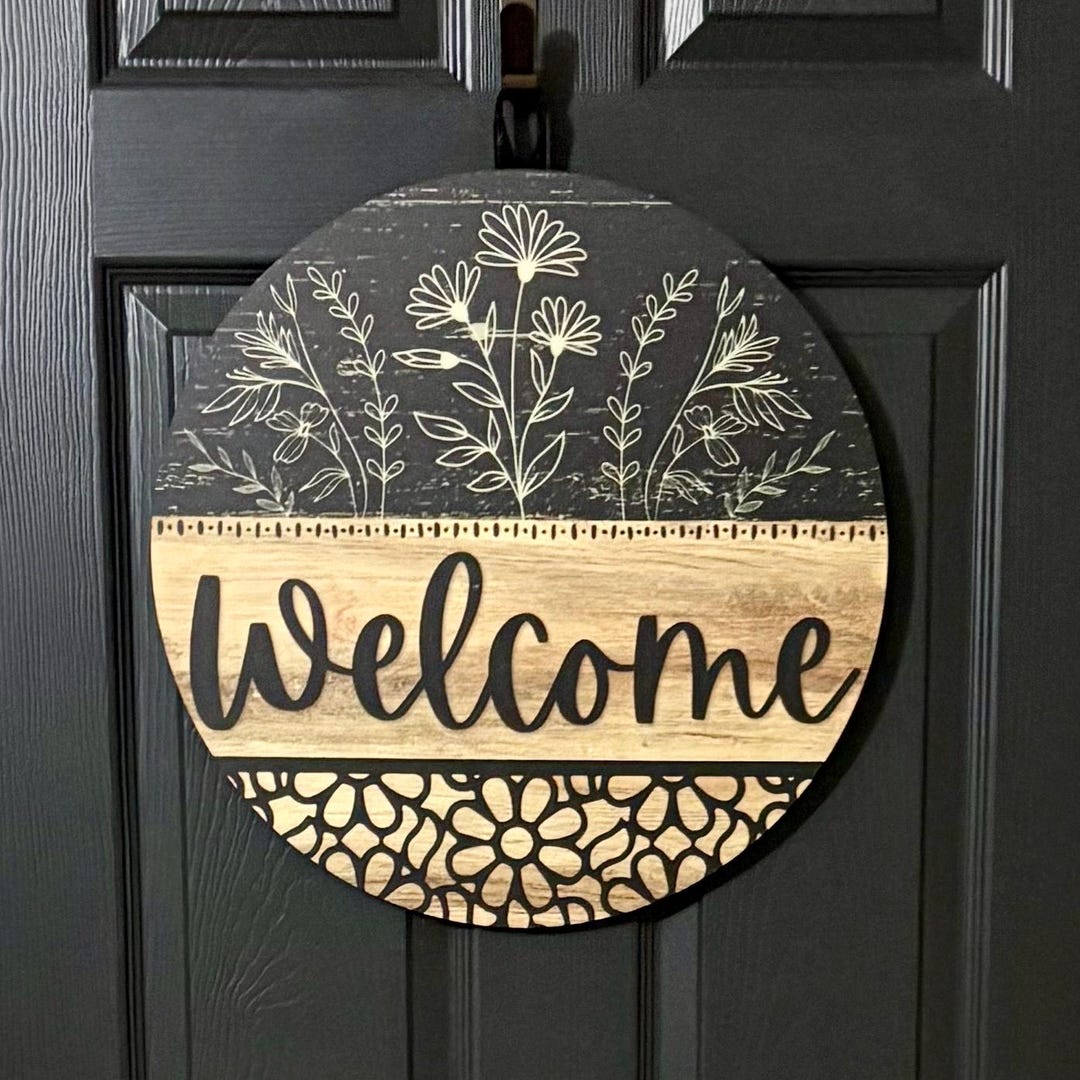 Floral Welcome Door Hanger: Black & Natural Wood Farmhouse Sign - Etsy