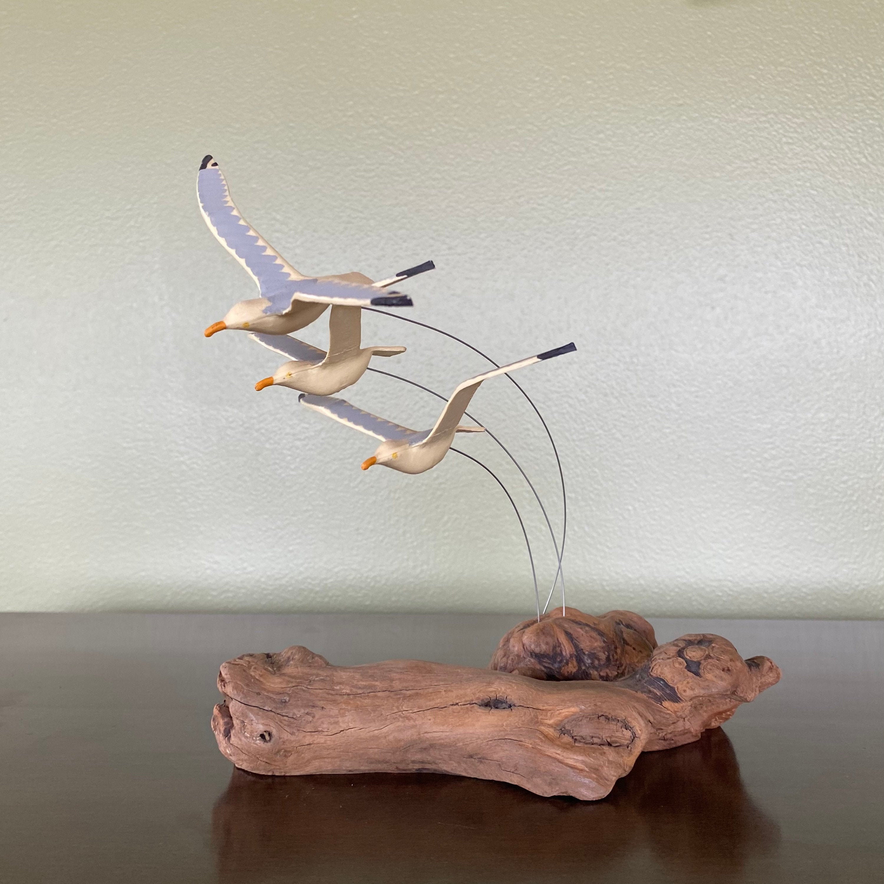 Vintage Flock of seagulls on driftwood base table mobile metal wood ...