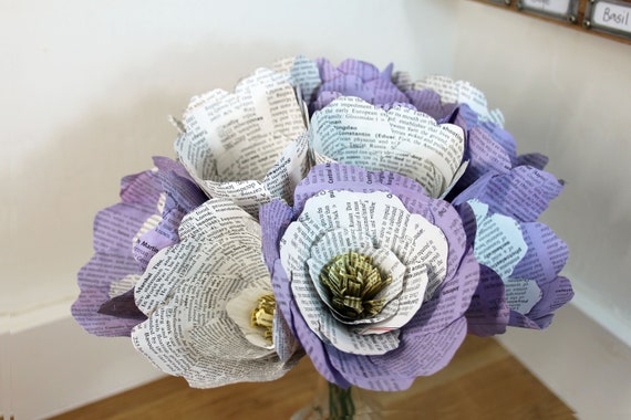 Purple and White Book Print Flower Bouquet Ideal 1st | Etsy