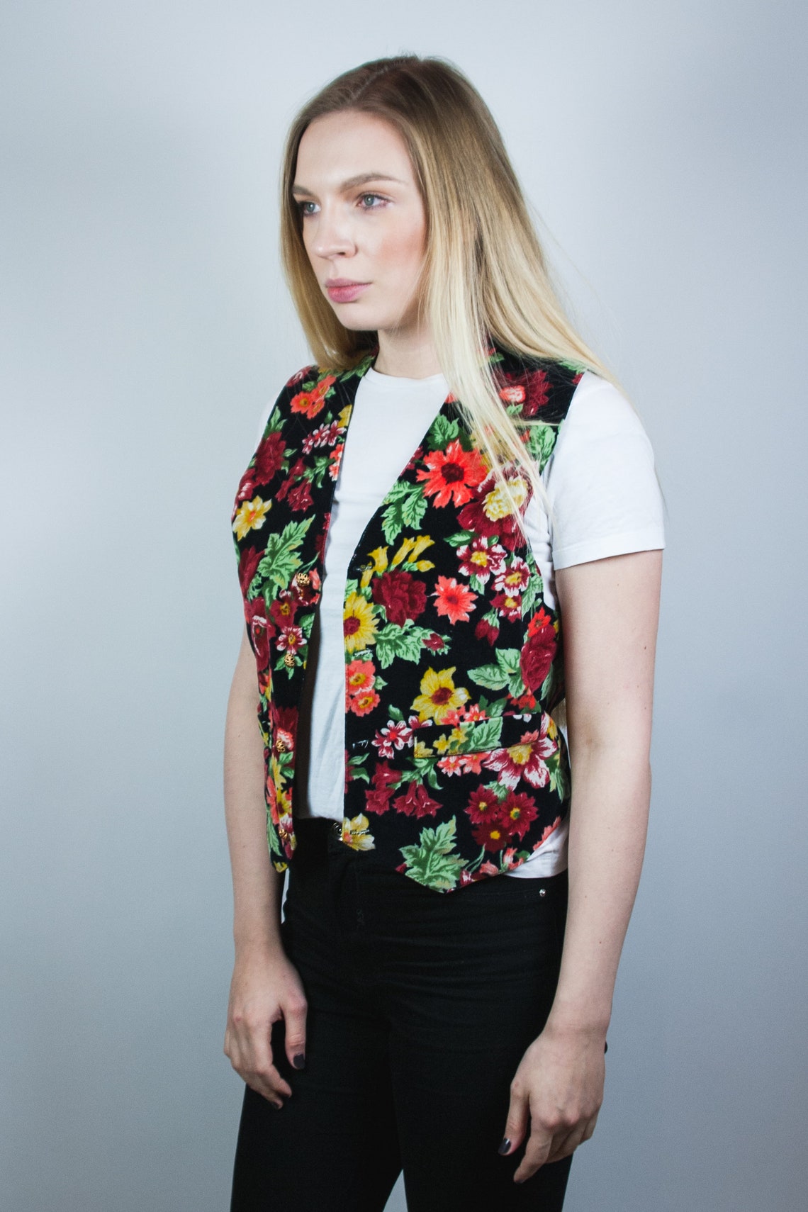 Vintage Classy Abstract and Floral Pattern 90s Style Vest Button up ...