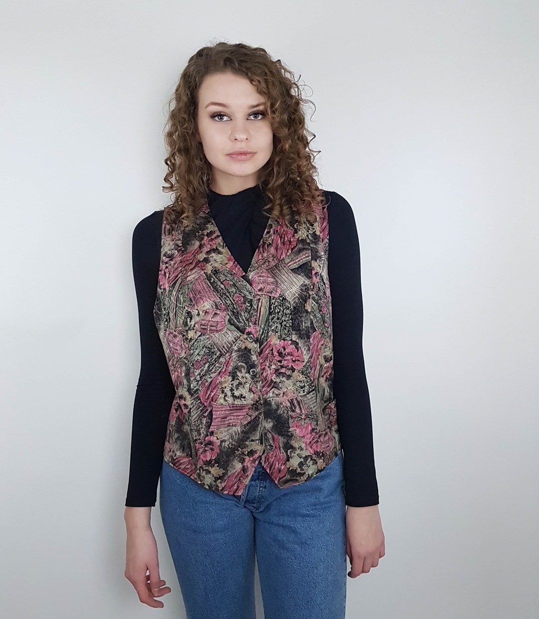 90's Retro Unisex Floral Pattern Vest Old School Waistcoat Flower Print ...