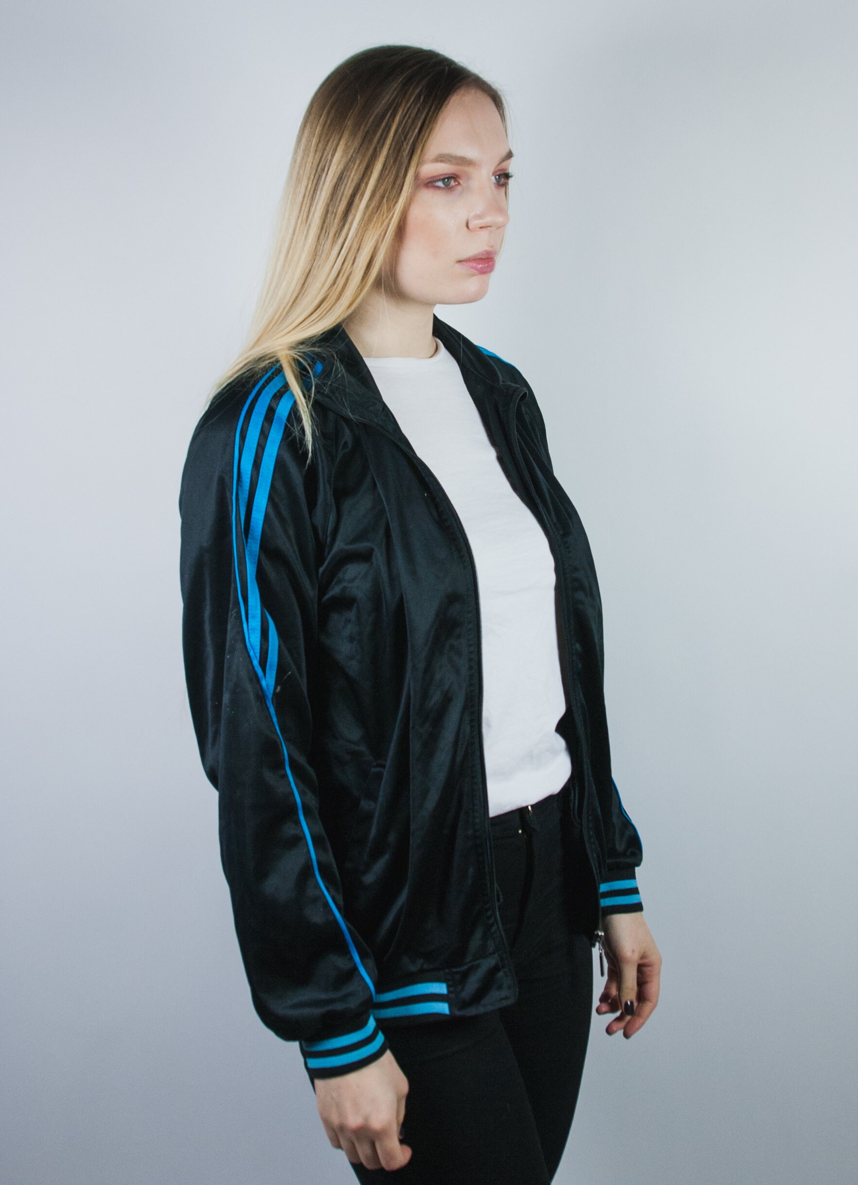 Old School Black and Blue Striped Track Top Black Training Jacket Full ...