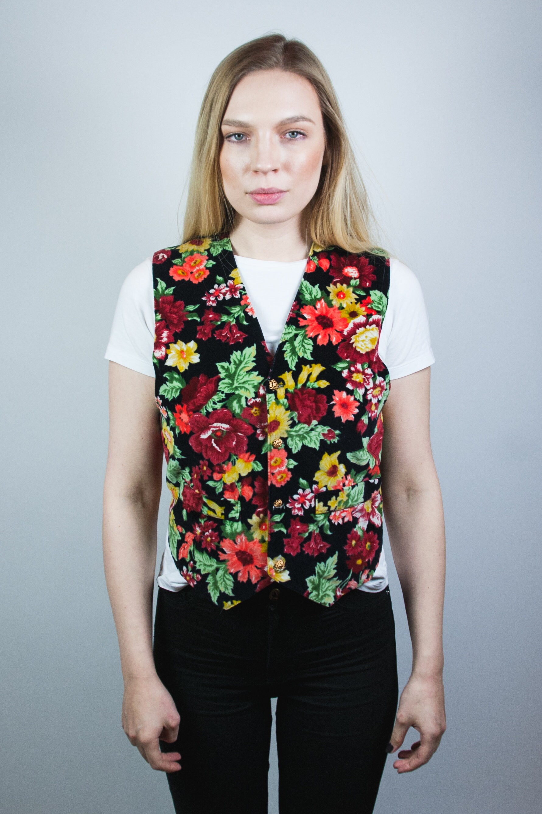Vintage Classy Abstract and Floral Pattern 90s Style Vest Button up ...