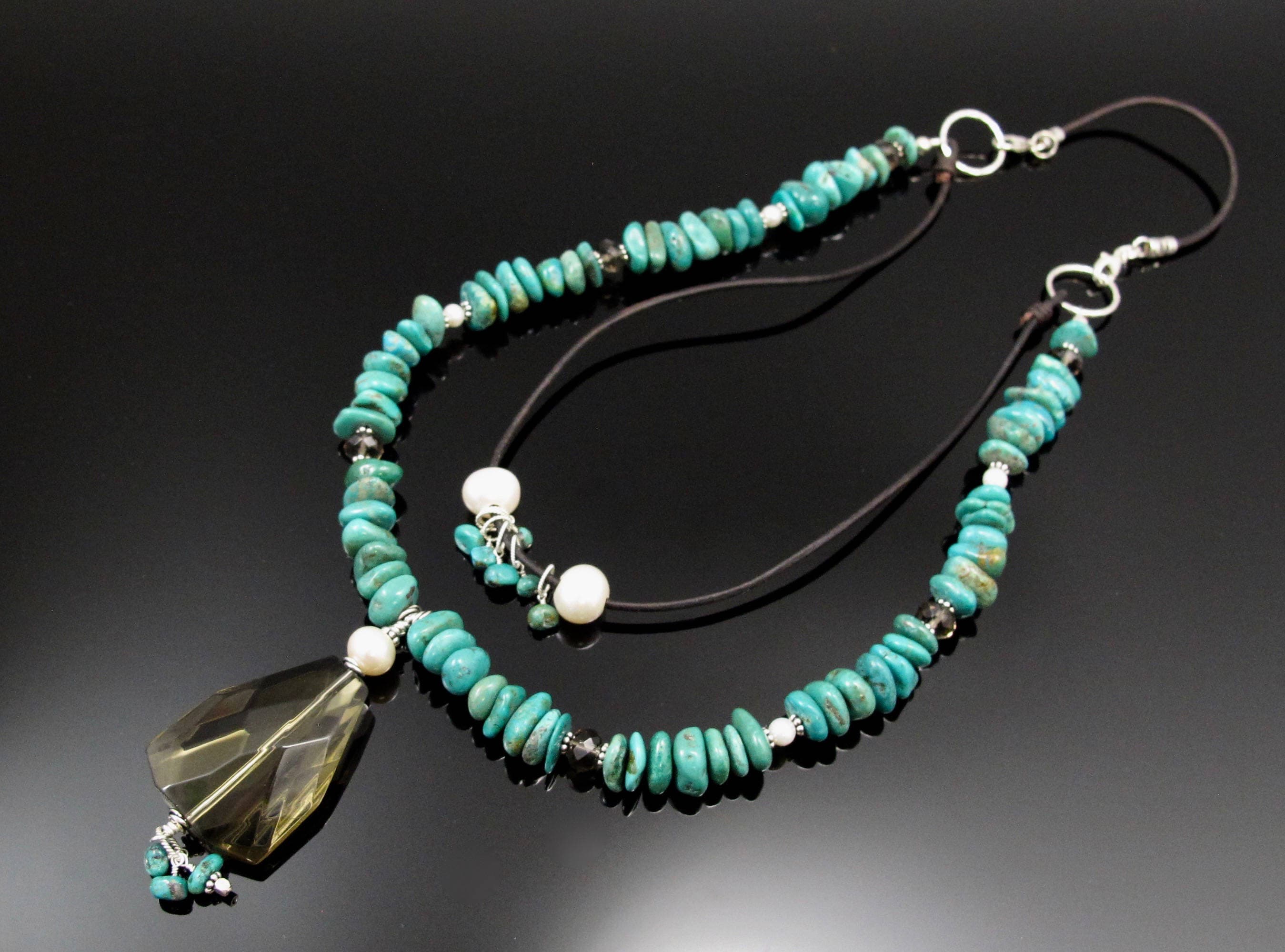 Necklace With Turquoise, Sterling Silver, Brown Beads, Pearls and ...