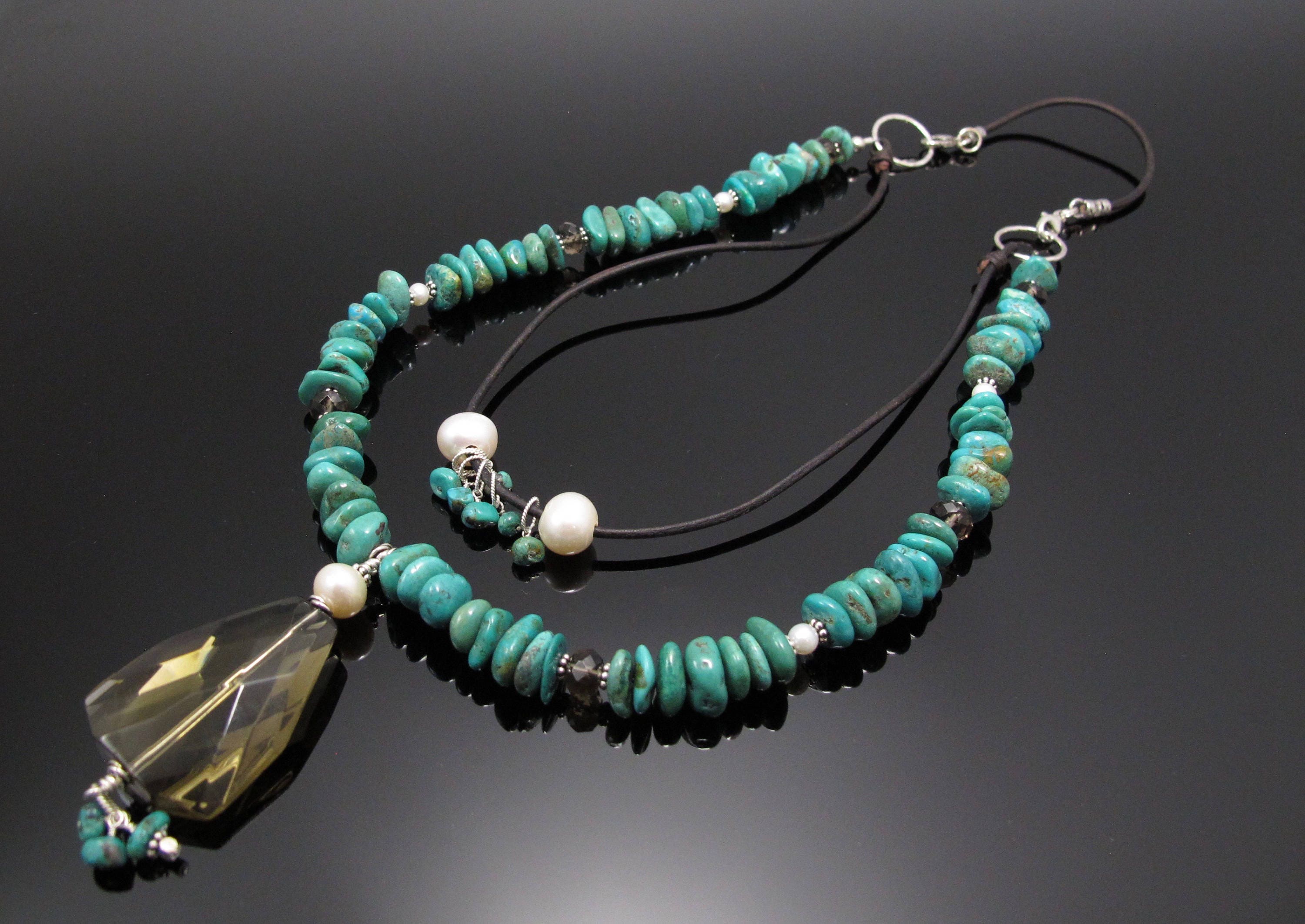 Necklace With Turquoise, Sterling Silver, Brown Beads, Pearls and ...