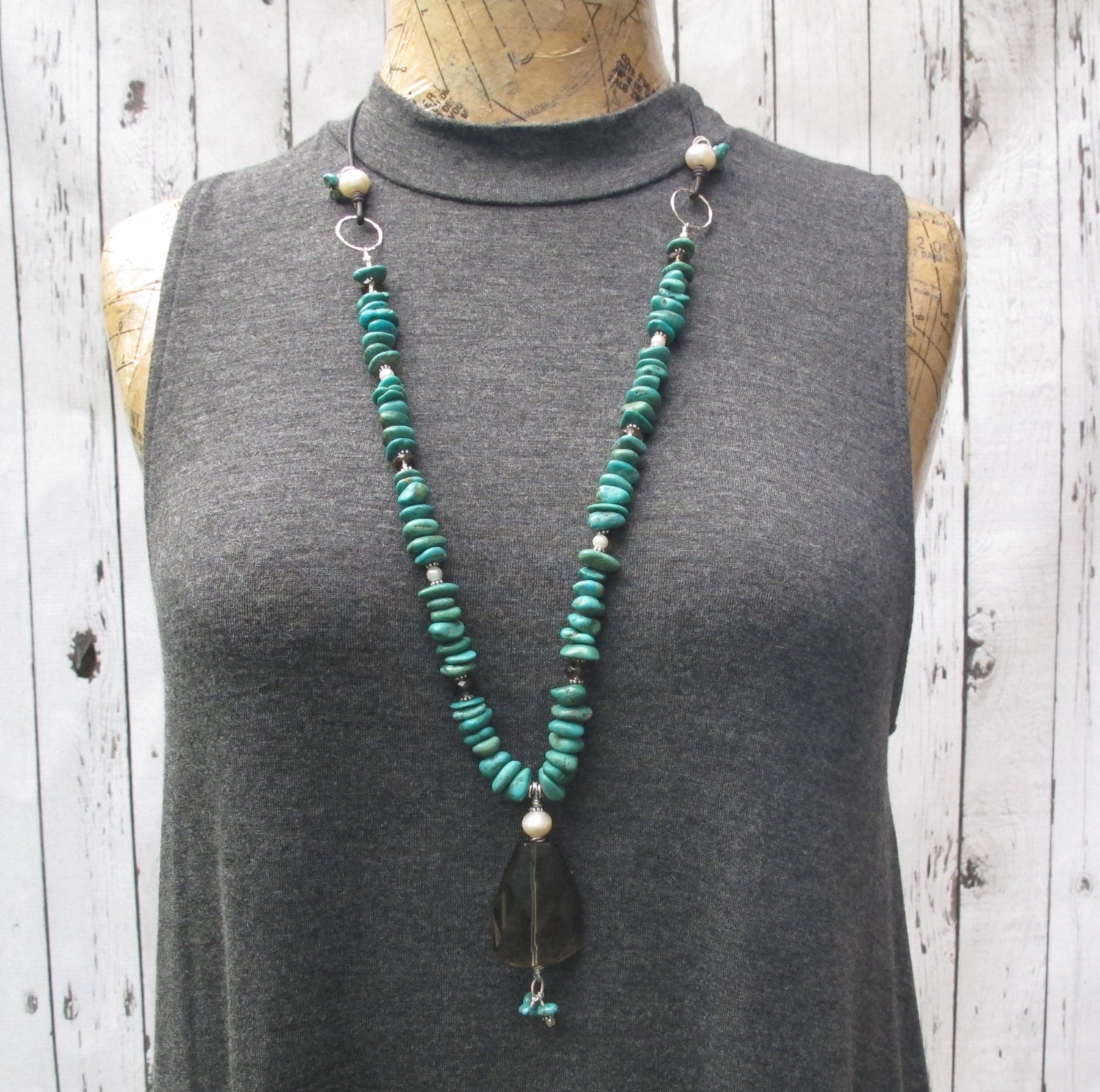 Necklace With Turquoise, Sterling Silver, Brown Beads, Pearls and ...