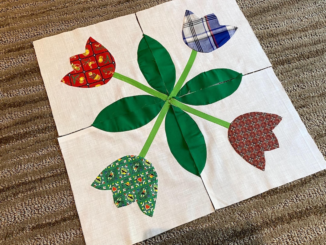 Vintage Tulip Quilt Block: Hand-cut Hand Stiched, Fabric Square, Flower ...