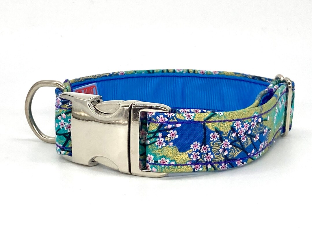 Komachidog Blue Cherry Blossom Dog Collar, Kimono Style Japanese Fabric ...