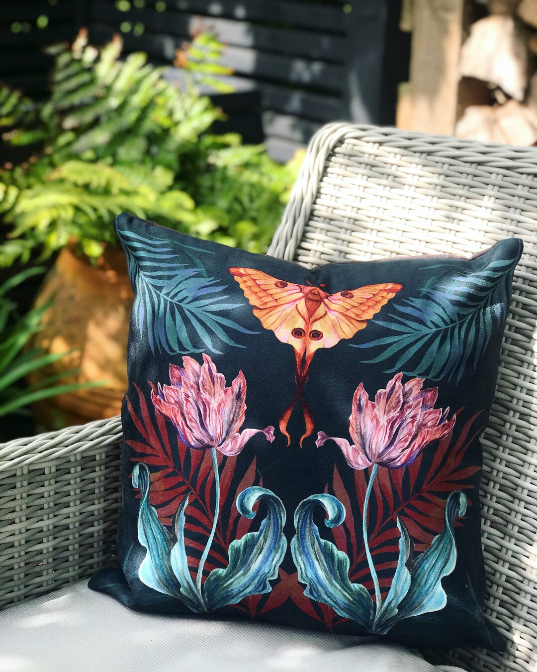 Butterfly Cushion in Indigo With Tulip and Moon Moth Illustration 'flutter' - Etsy