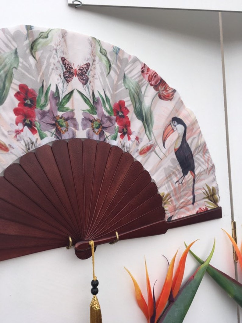 Floral Silk Fan with Toucan design and luxurious Gold tassle | Etsy