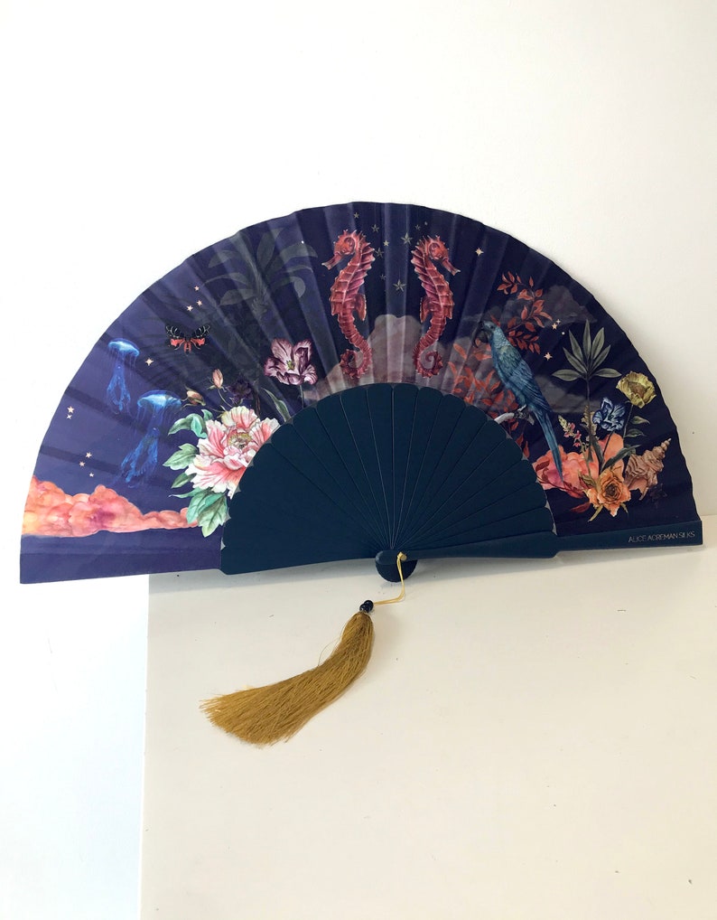 Blue Silk and Wooden Fan With 'wonderous' Hand-painted Starry Scene and ...