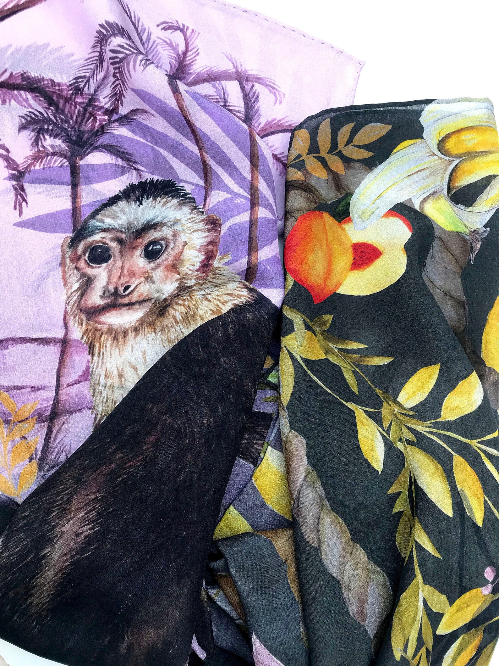 Lilac Silk Scarf with monkey illustration Capuchin | Etsy