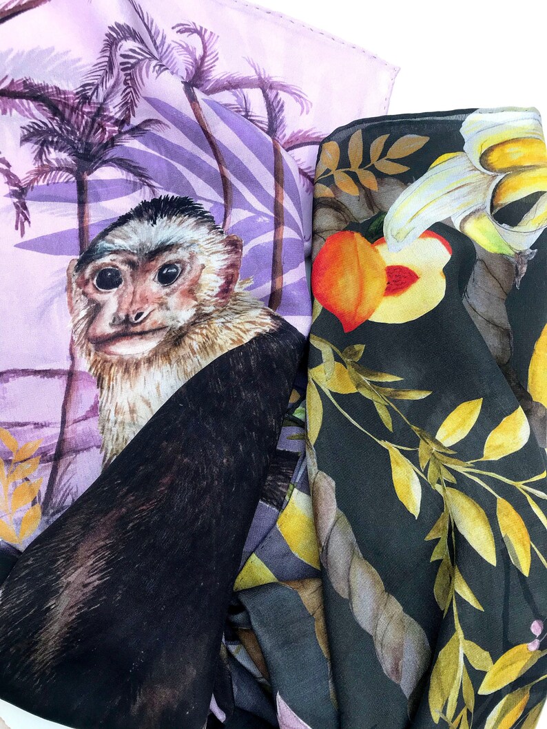 Lilac Silk Scarf With Monkey Illustration 'capuchin' - Etsy