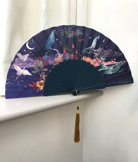 Blue Silk and Wooden Fan With 'wonderous' Hand-painted - Etsy UK