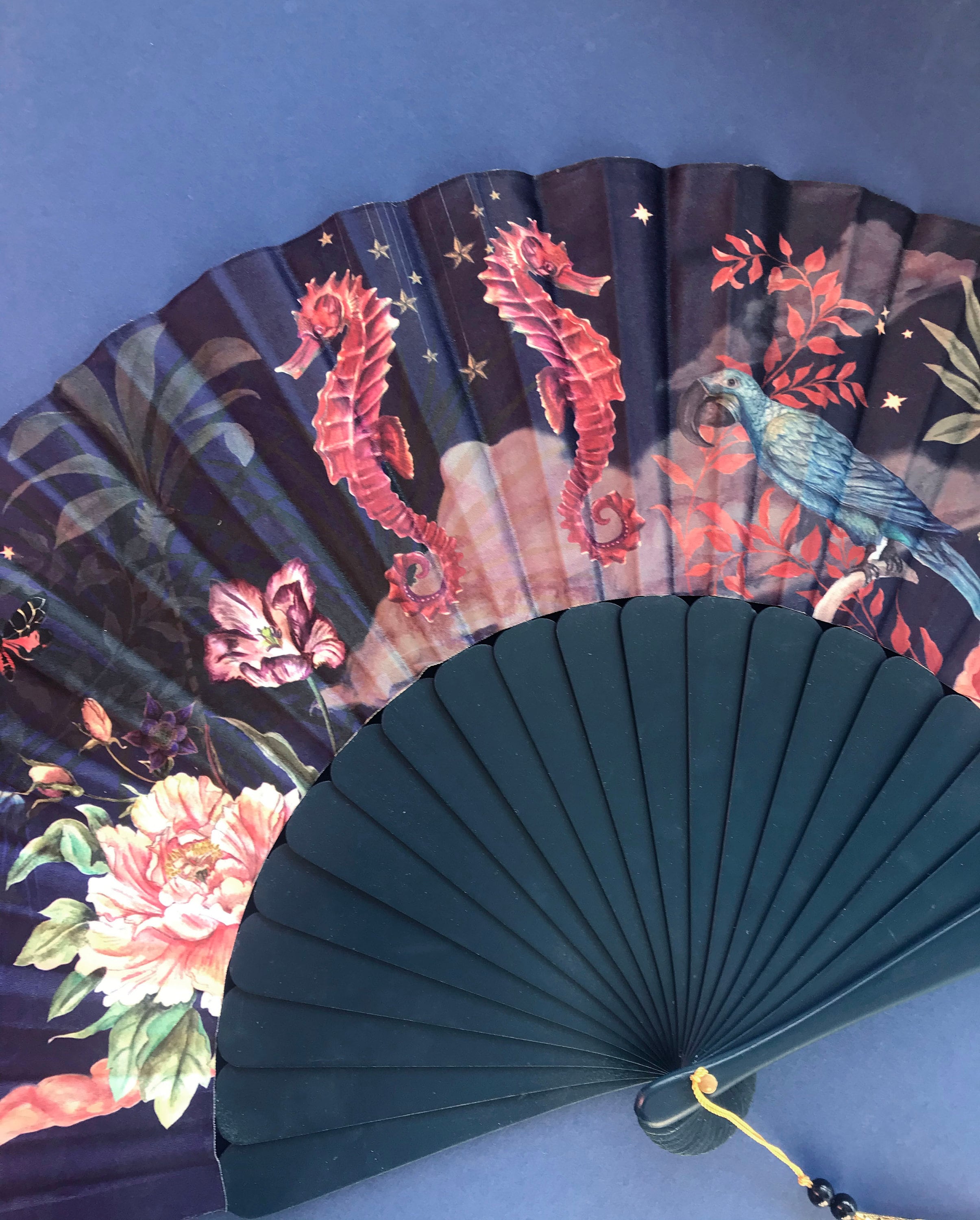 Blue Silk and Wooden Fan With 'wonderous' Hand-painted Starry Scene and ...